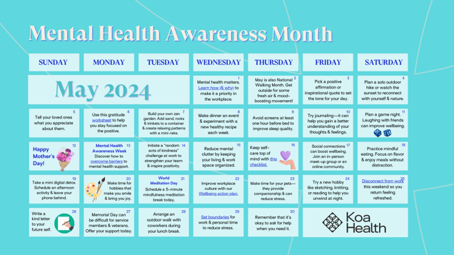 Monthly mental wellbeing calendar